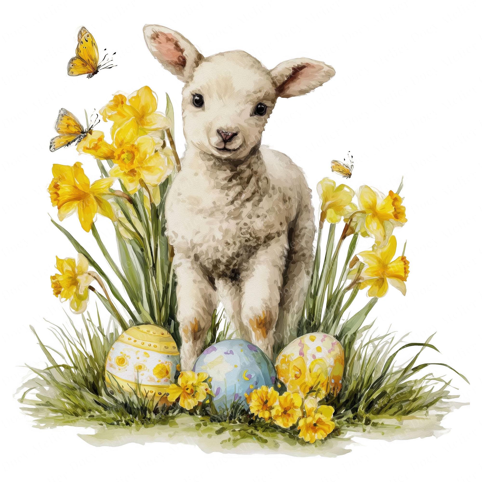 6 Easter Lamb Clipart Set, Watercolor Baby Lamb With Daffodils and Eggs ...