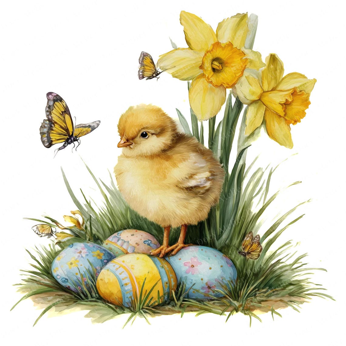 6 Easter Chick Clipart Set, Watercolor Baby Chick With Daffodils and ...
