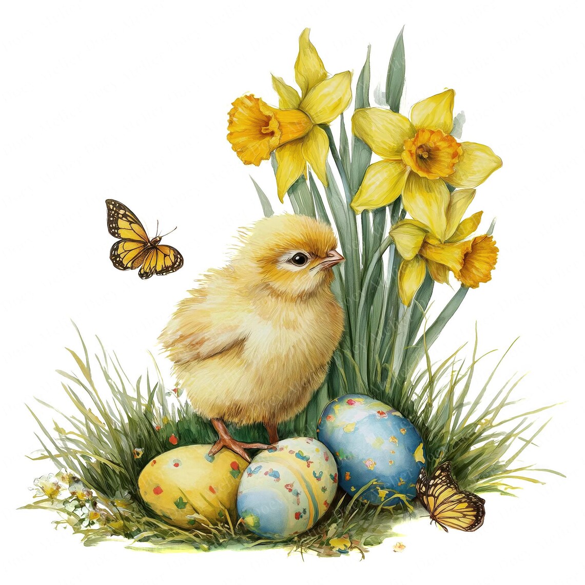 6 Easter Chick Clipart Set, Watercolor Baby Chick With Daffodils and ...