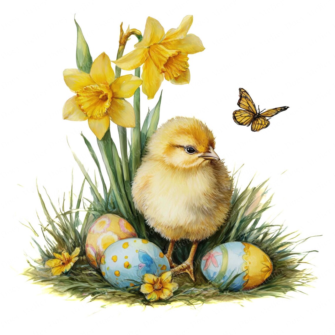 6 Easter Chick Clipart Set, Watercolor Baby Chick With Daffodils and ...