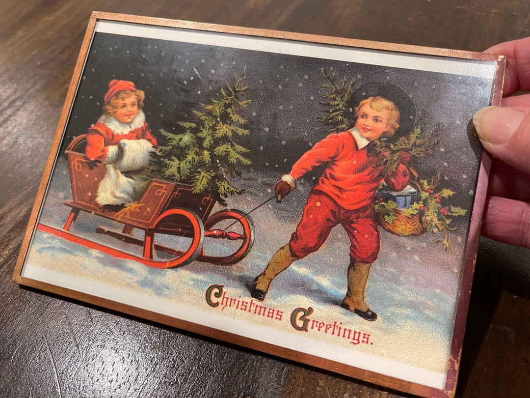 Victorian Postcard (reproduction) in Glass Copper Edging Wall Art Santa ...