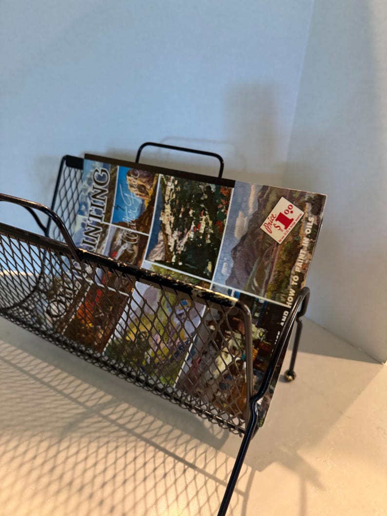 Vintage Mid Century Metal Mesh Magazine Holder Rack Black and Gold ...