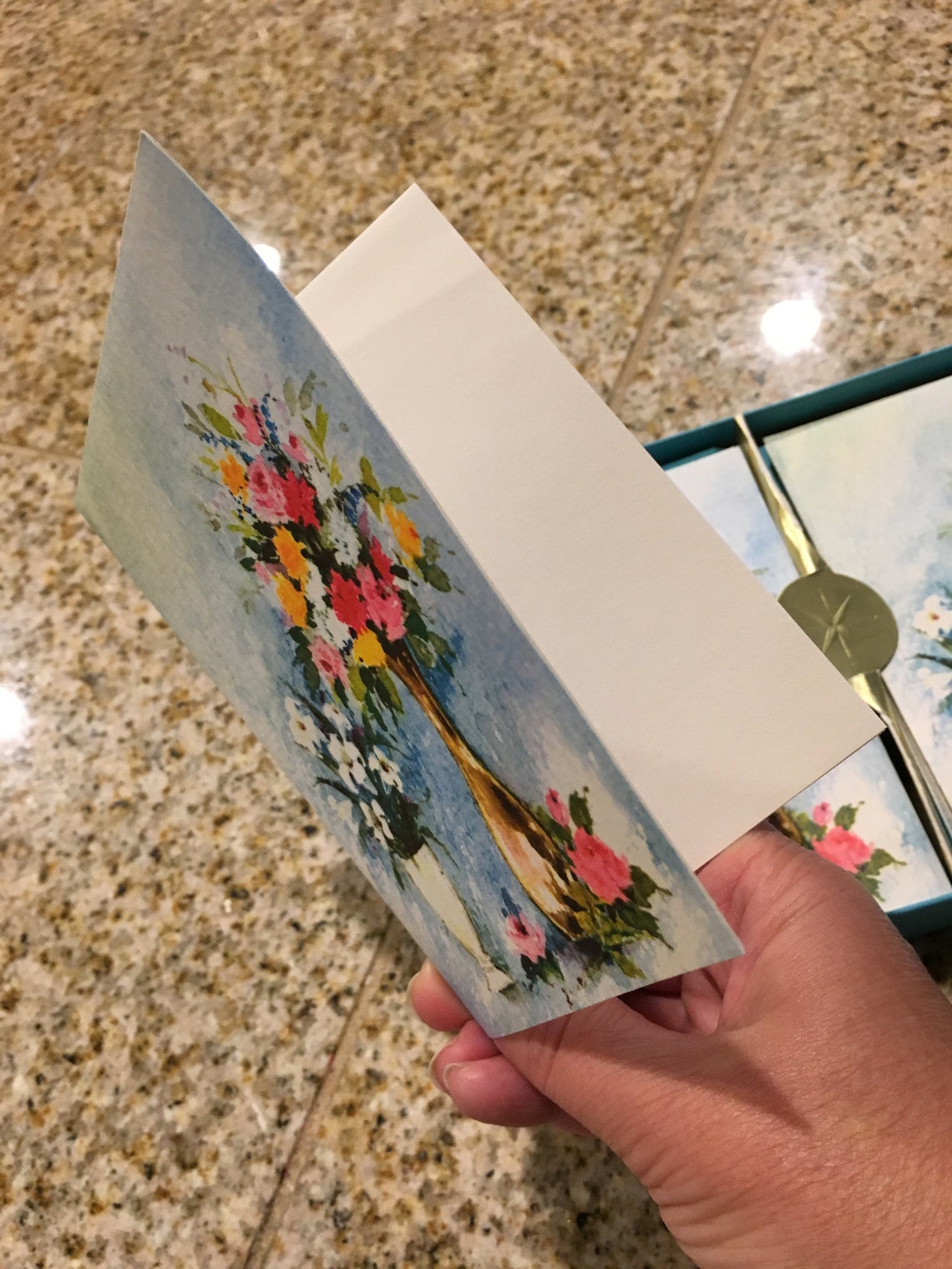 Mid Century Blue Floral Folded Note Card Stationery Set 10 | Etsy