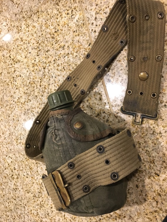 Old army canteen and belt rustic military green - Gem