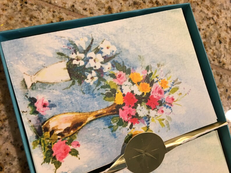 Mid Century Blue Floral Folded Note Card Stationery Set 10 - Etsy