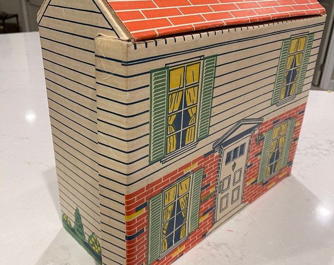 Vintage Marx Cardboard Litho Dollhouse Two Story Green Roof YELLOW Trim ...