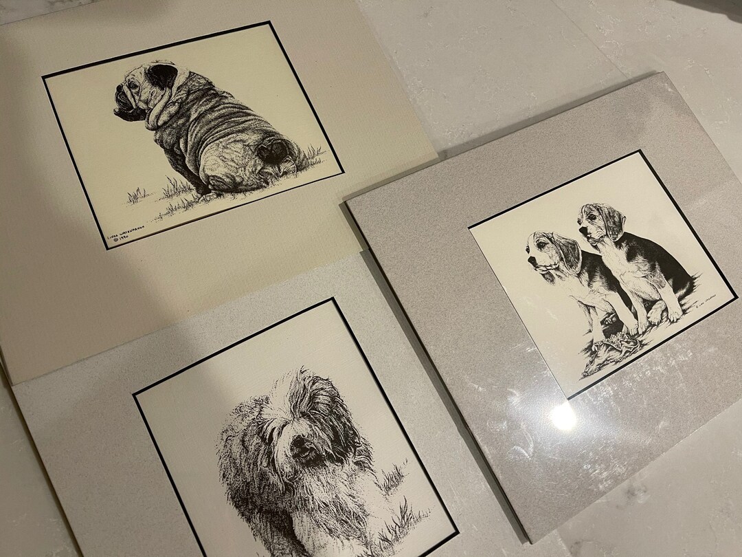 Stippling Print of Bull Dog Sheep Dog Beagles Dogs Matted Cool Modern ...