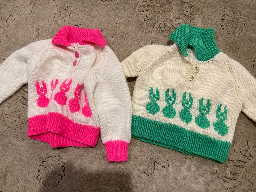 Vintage Hand Knit Easter Sweaters Green Pink Bunnies - Etsy