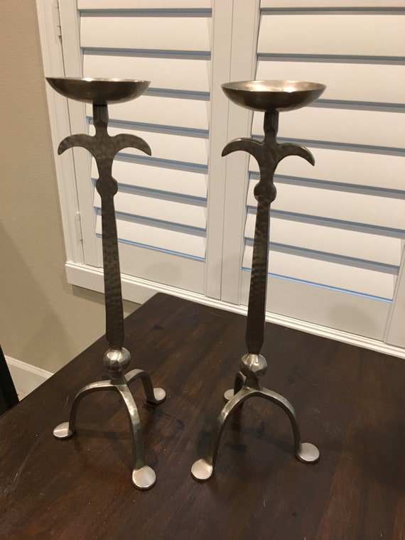Pair Forged Footed Hammered Candlesticks Silver Textured Long - Etsy