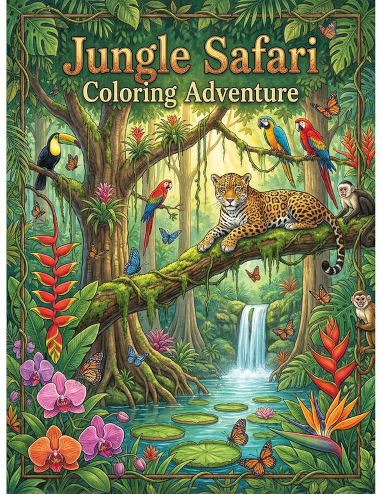 Jungle Safari Coloring Book | Printable Adult Coloring Pages, Tropical ...