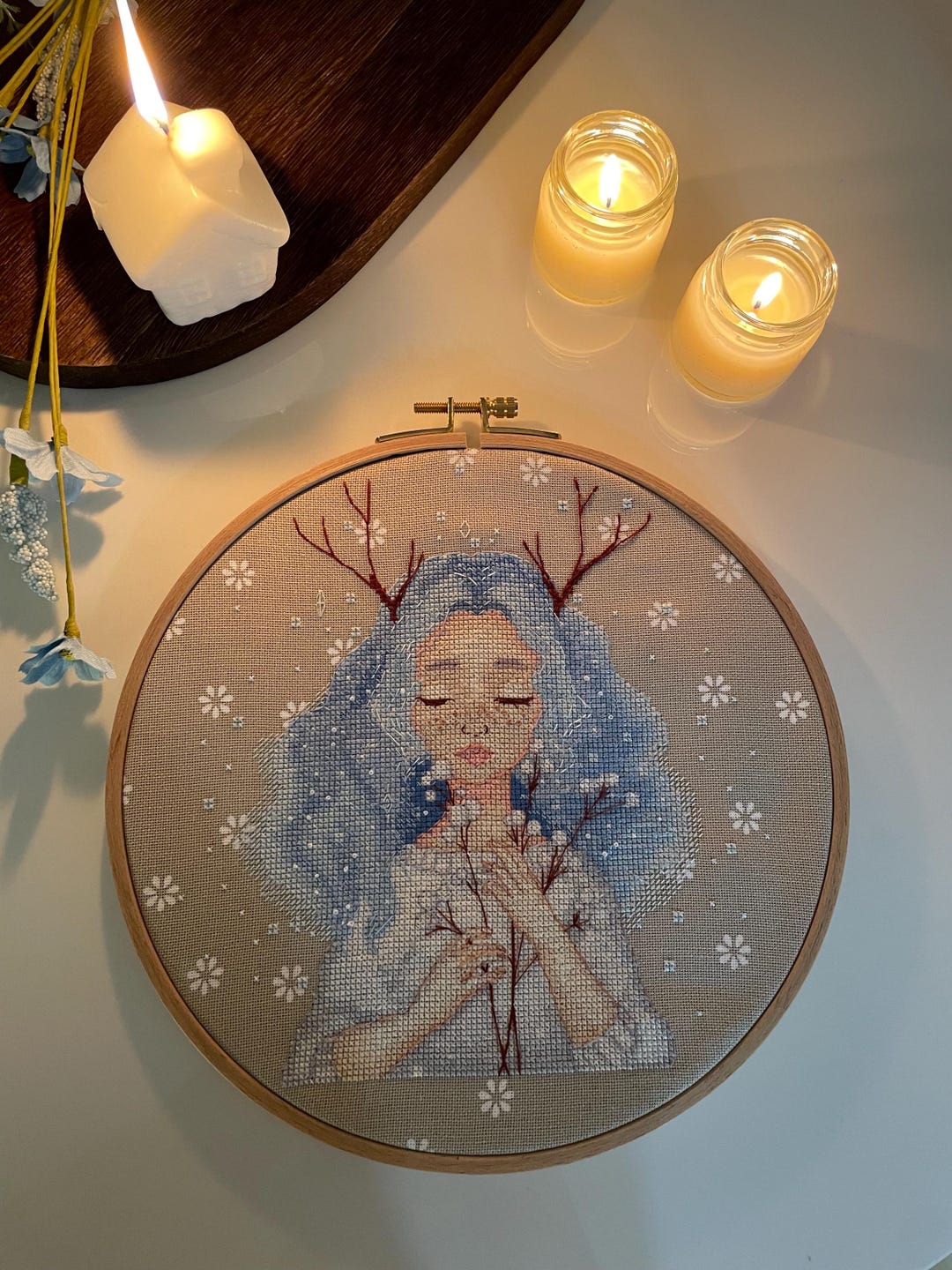 Hand Embroidered Hoop Art, Blue Hair Girl Embroidery, Winter Wall Decor ...