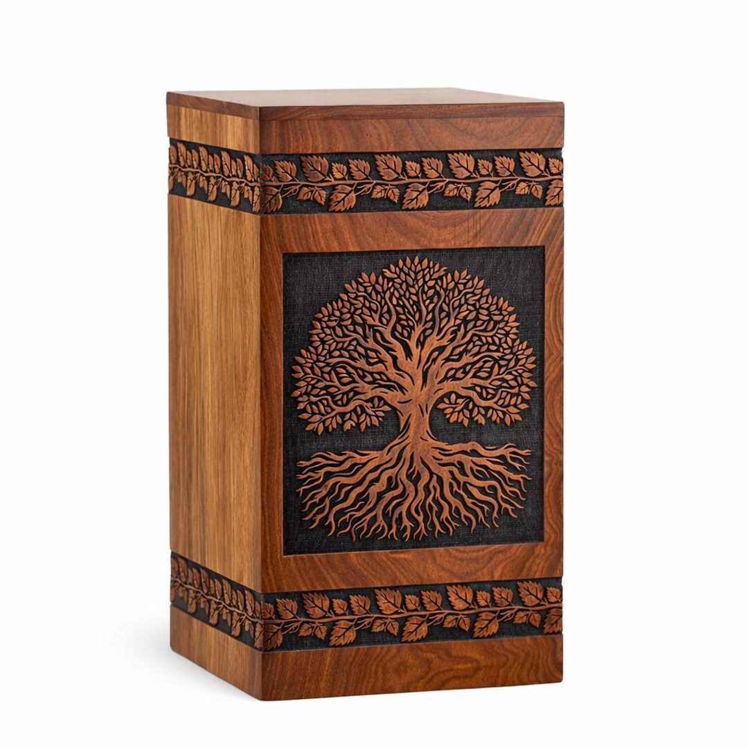 Engraved Tree of Life Wooden Cremation Urn | Rosewood Memorial Box for ...
