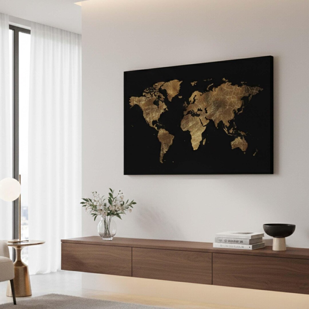 Black & Gold World Map Canvas Art - Large Minimalist Geographical Wall ...
