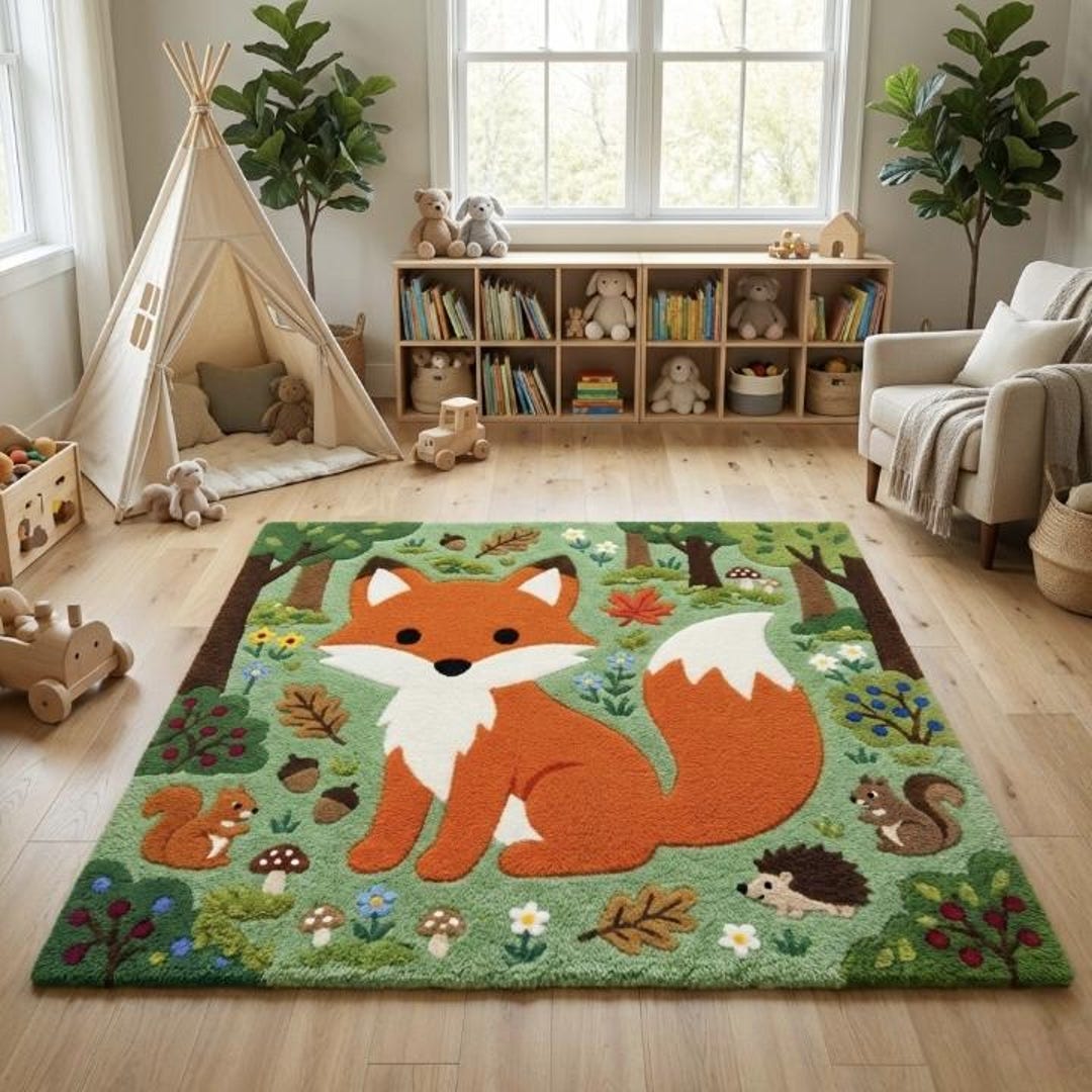 Tufted Fox Rug, Woodland Animals Nursery Rug, Kids Playroom Carpet With ...