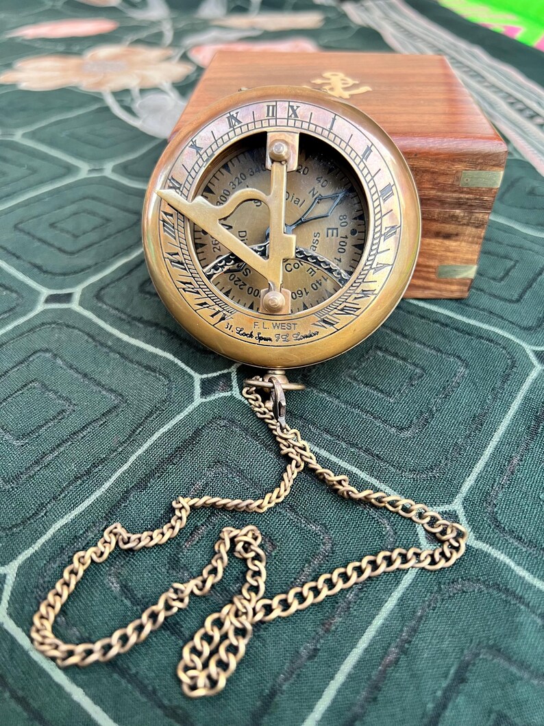 Vintage Brass Compass With Wooden Box & Chain – Nautical Marine Compass ...