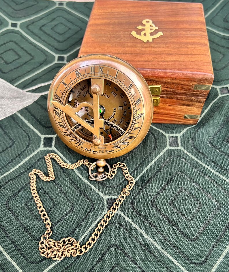 Vintage Brass Compass With Wooden Box & Chain – Nautical Marine Compass ...