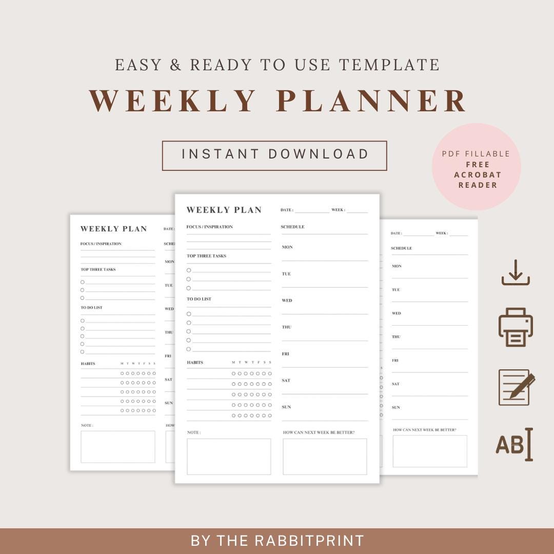 Minimal Weekly Planner Printable: Fillable Task Checklist (A4, A5) - Etsy