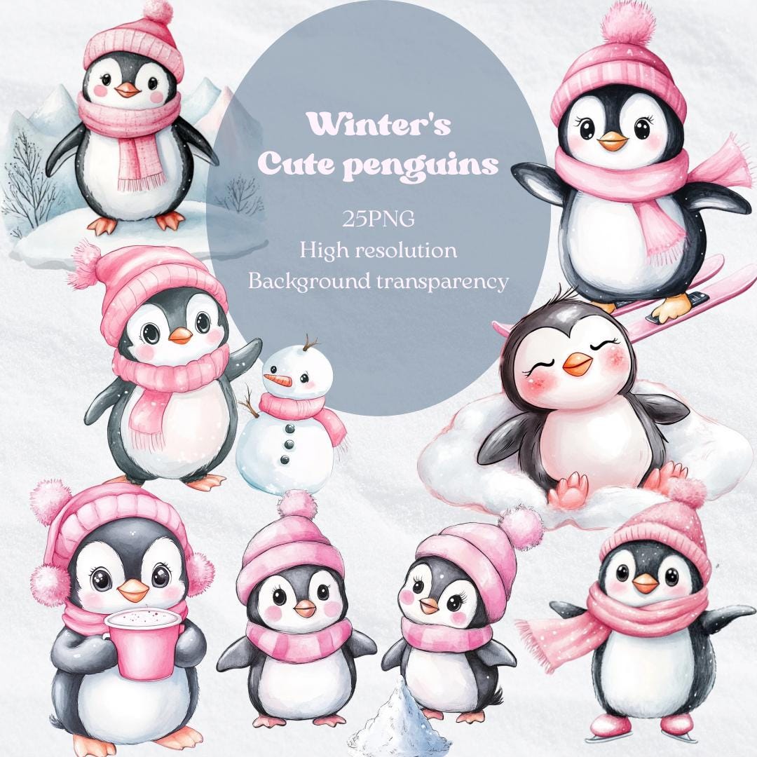 Winter’s Cute Penguins Clipart Set | 25 PNG | High Resolution ...