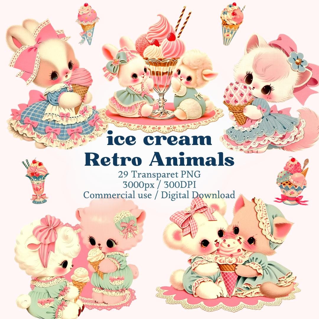 Ice Cream Retro Animals Clipart Set, Cute Vintage Animal PNG, Kawaii ...
