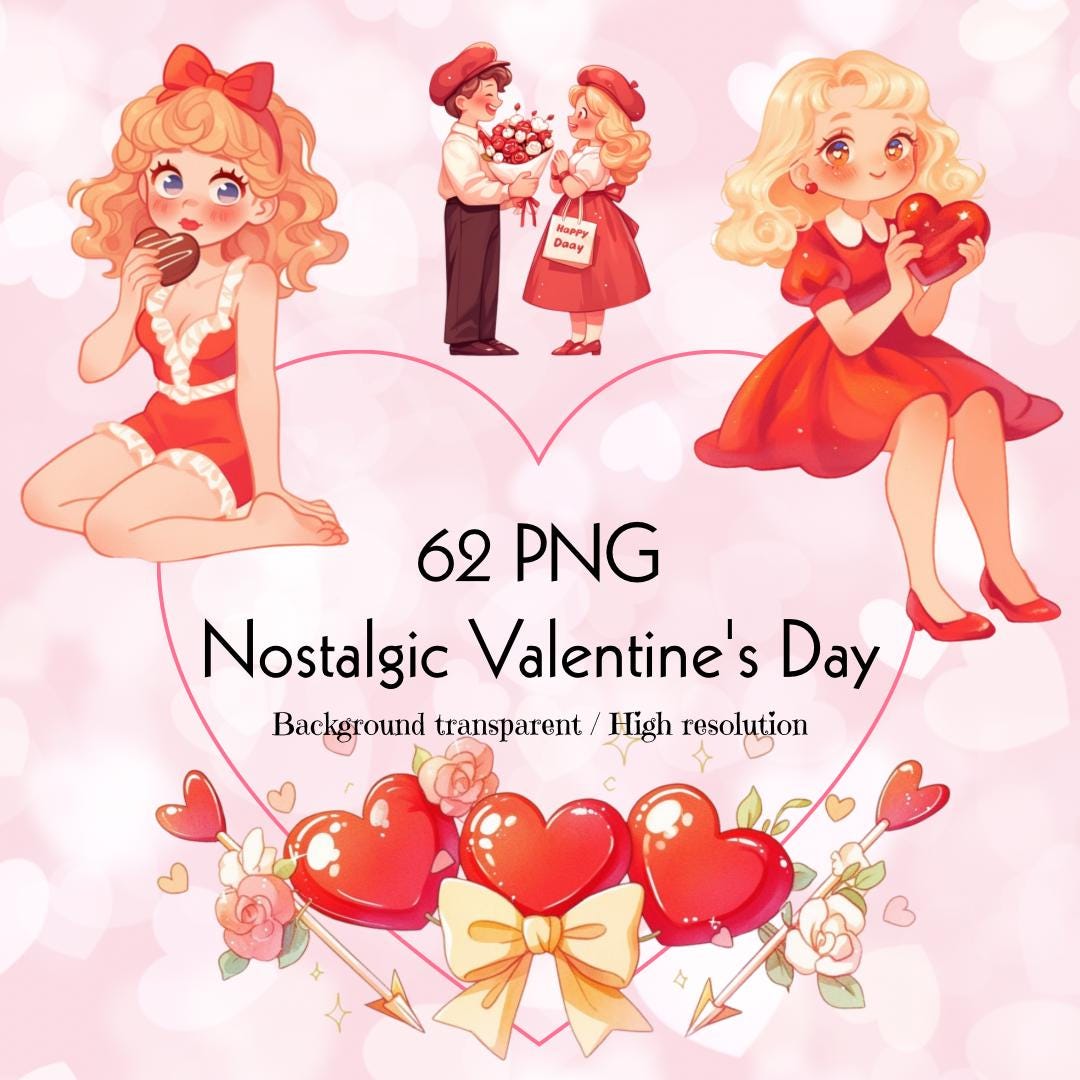 Nostalgic Valentine's Day Clipart | Retro Romance, Couples, Chocolates ...