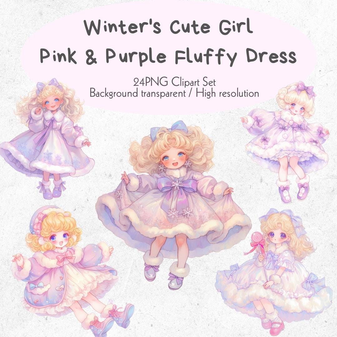 Winter’s Cute Girl Clipart Set Pink, Purple, Fluffy Dress Girls, Preppy ...