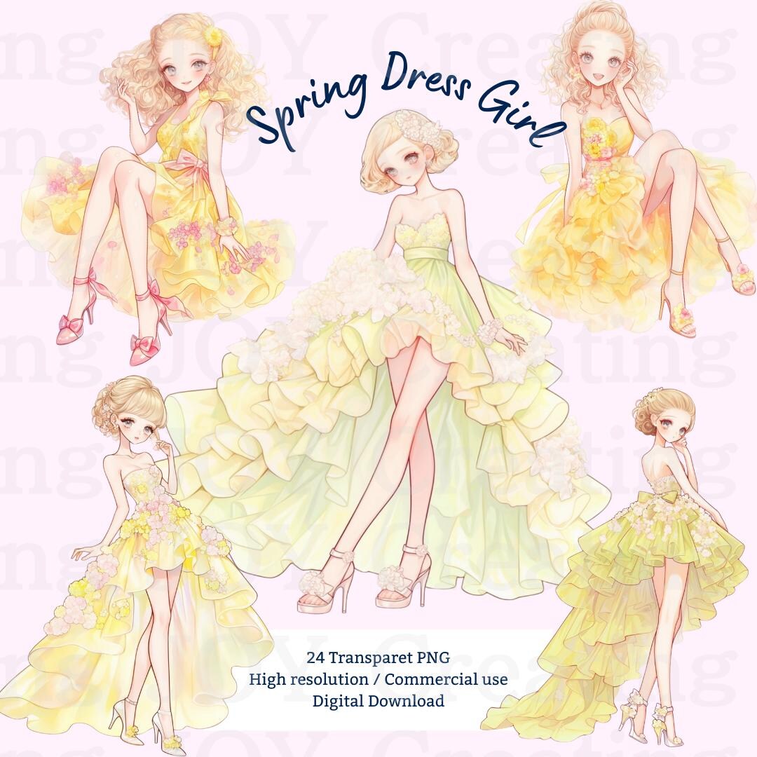 Spring Dress Girl Clipart – 20 PNG | Pastel Floral Dress Illustration ...