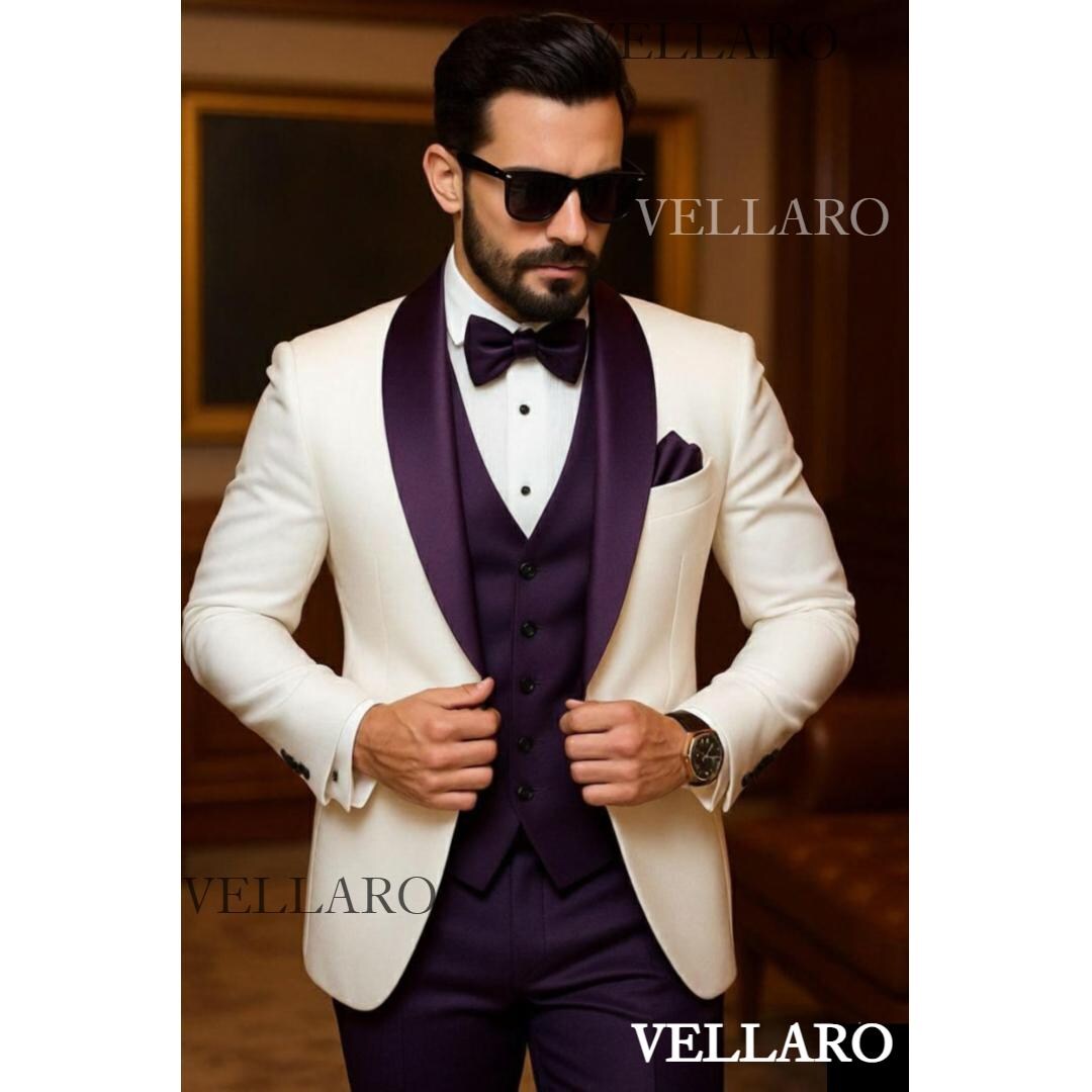 Ivory White Tuxedo With Deep Purple Satin Lapels | Groom Wedding Suit ...