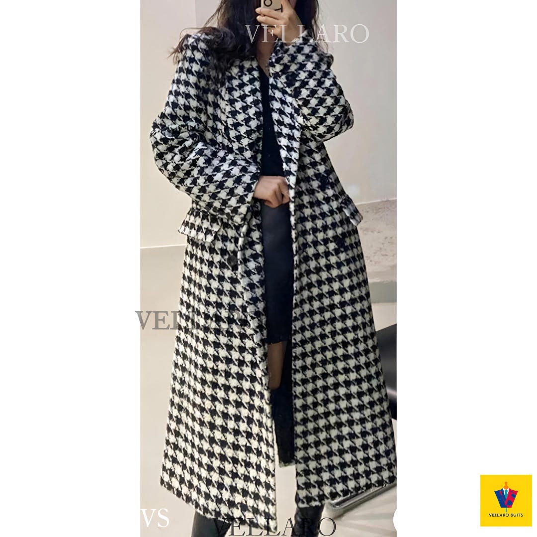 Houndstooth Wool Overcoat for Girls Women's Double-breasted Trench Coat ...