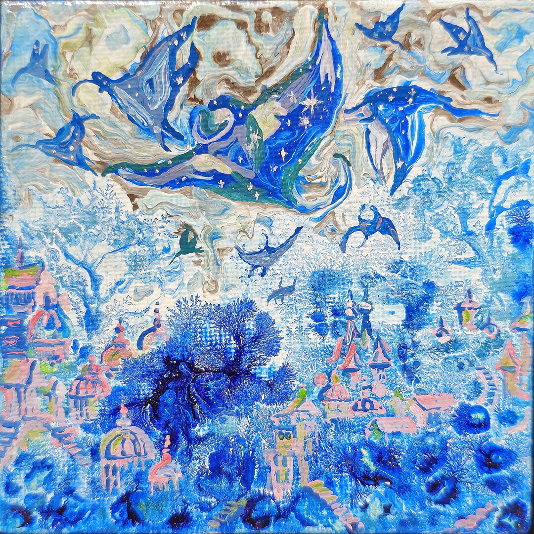 Miniature Fluid Art Painting – Starry Manta Rays, Mystical Town - Etsy
