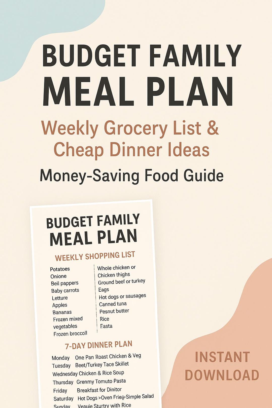 Budget Family Meal Plan Printable, Weekly Grocery List (digital ...