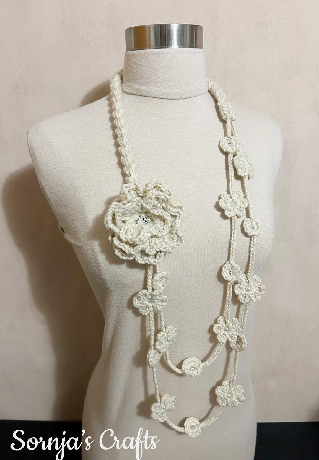 Crochet Large Chain Flower Necklace, Crochet Flower Necklace W Pearl ...