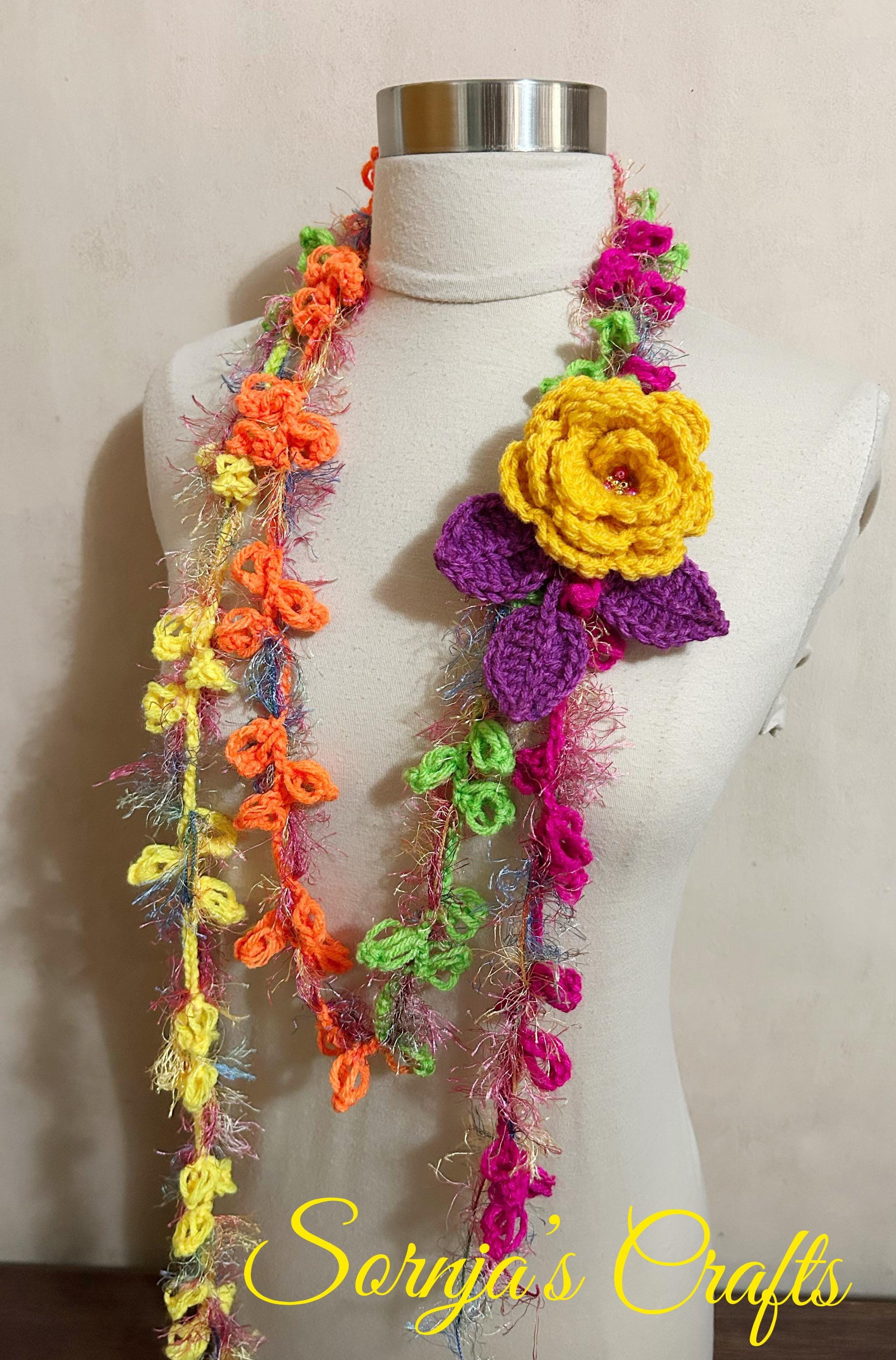 Sale/crochet Neon Lights Flower Lariat/scarf, Crochet Colorful Flower ...