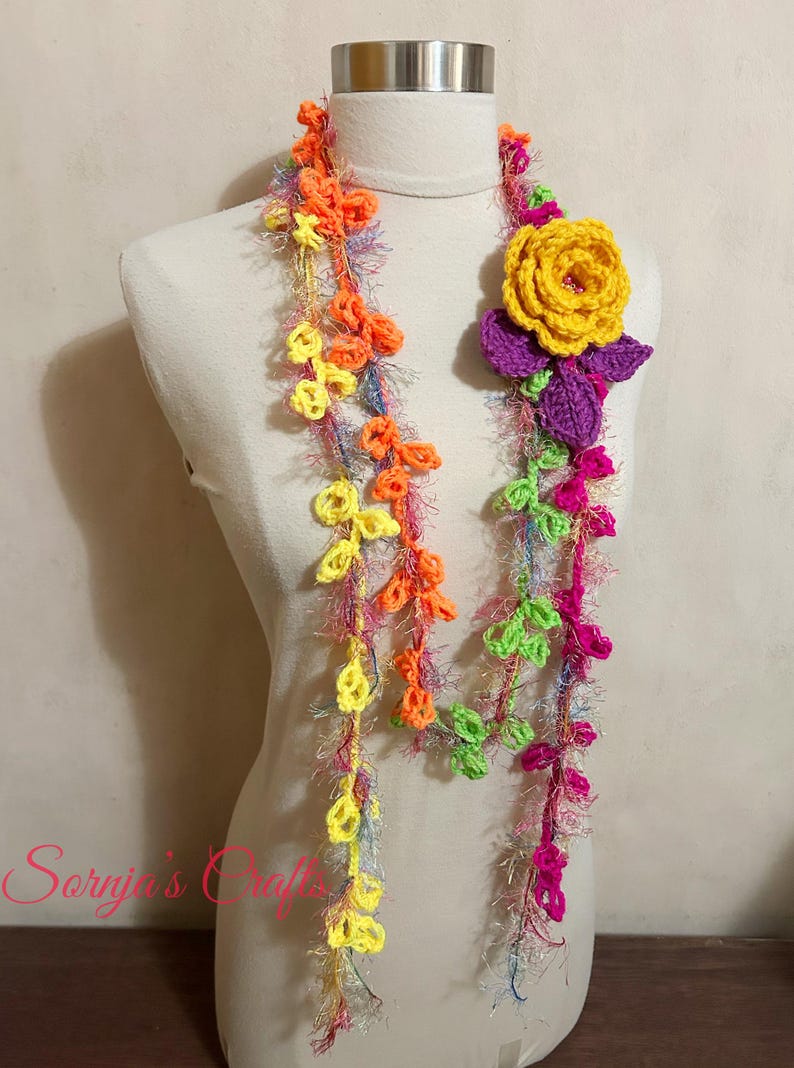 Sale/crochet Neon Lights Flower Lariat/scarf, Crochet Colorful Flower ...