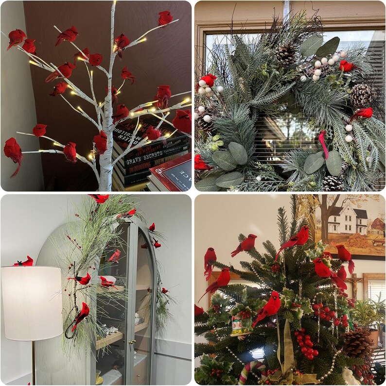 Set of 4 Artificial Red Cardinal Birds | 3D Clip-on Bird Decor for ...