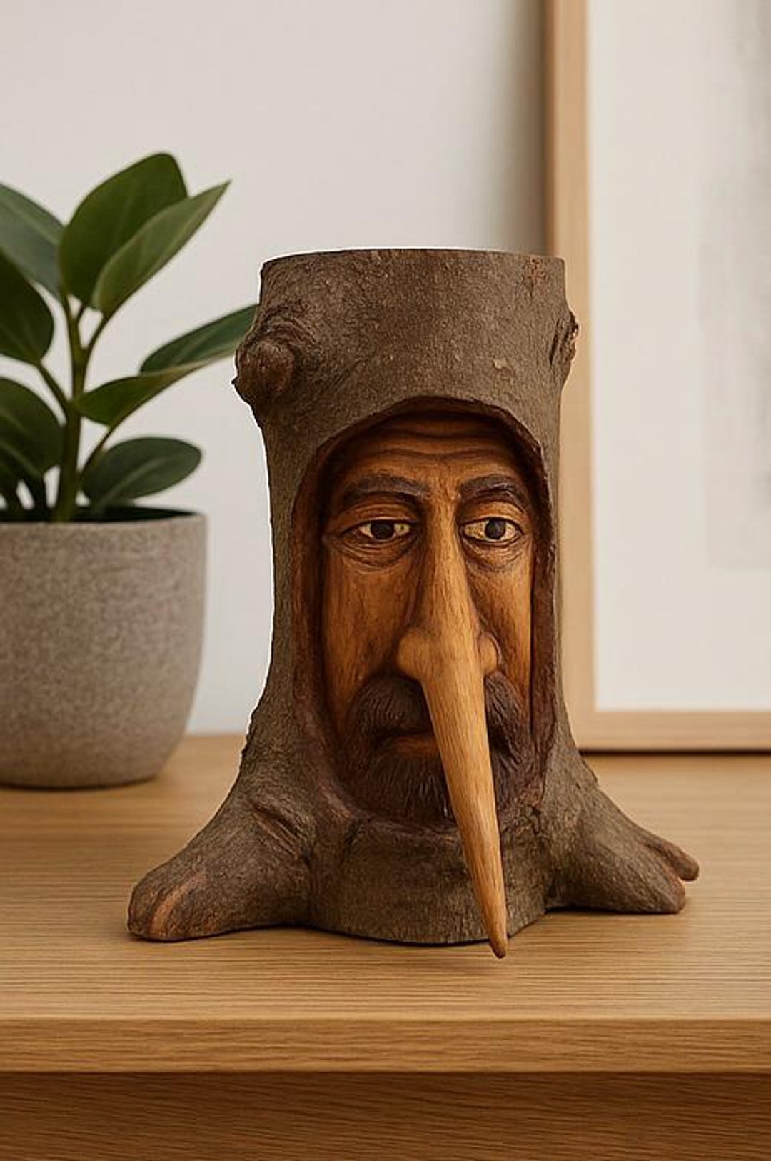 Hand Carved Wood Spirit Sculpture – Long Nose Forest Spirit Face ...