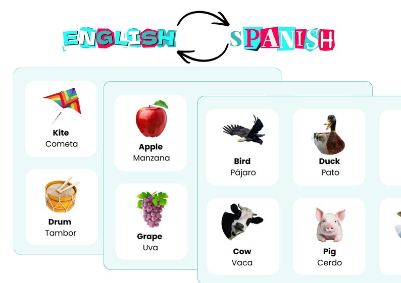 150 Kids Printable English Spanish Vocabulary Flashcards - Etsy