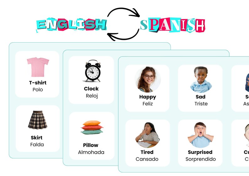 150 Kids Printable English Spanish Vocabulary Flashcards - Etsy