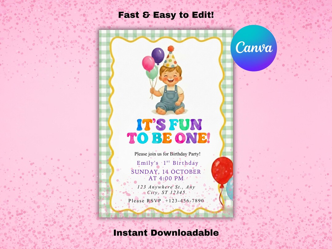 Digital Fun to Be One Birthday Invitation Template, Colorful Party ...