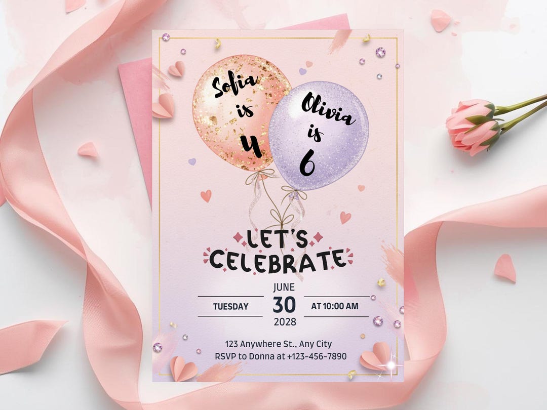 Editable Girl Joint Birthday Invitation, Joint Birthday Party, Sibling ...