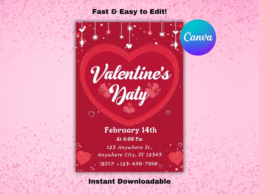 Editable Valentine’s Day Party Invitation, Red Heart Invite, Valentine ...