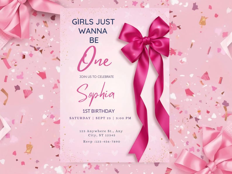 Girls Just Wanna Be One Birthday Invitation, Pink Ribbon 1st Birthday ...