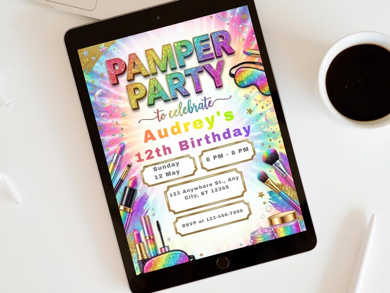 Pamper Party Birthday Invitation, Girls Spa Theme Birthday Invite, Glam ...