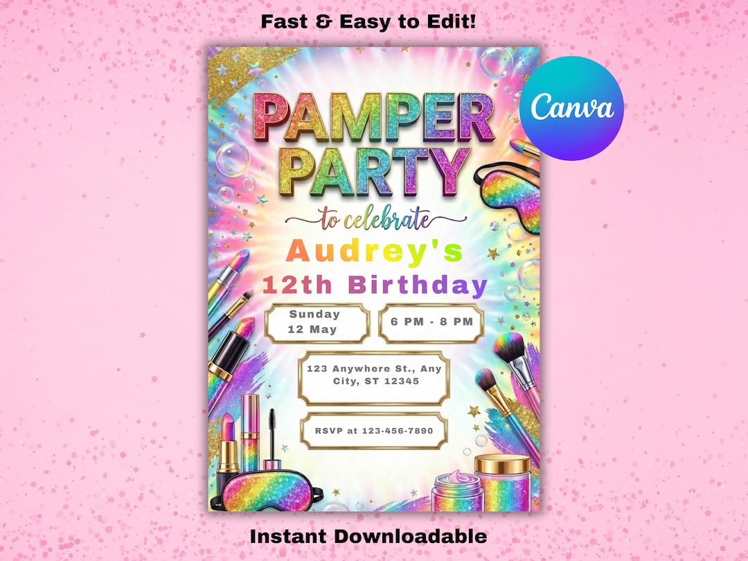 Pamper Party Birthday Invitation, Girls Spa Theme Birthday Invite, Glam ...
