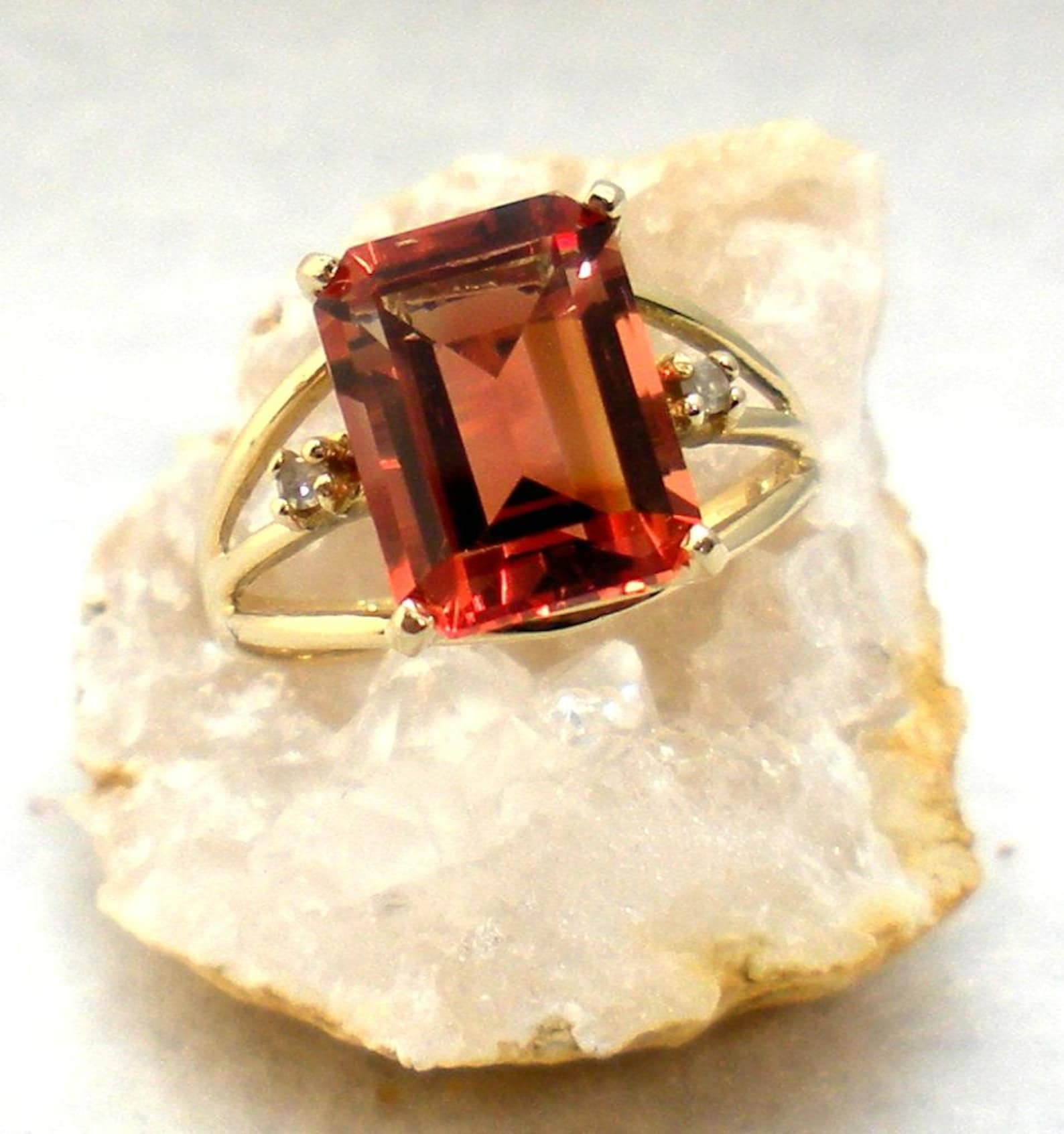 Red Oregon Sunstone Ring, Emerald Cut Oregon Sunstone, 14kt Gold ...