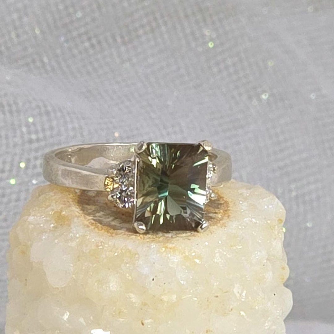 Green Oregon Sunstone Ring, Emerald Cut, in Sterling Silver, Diamond ...