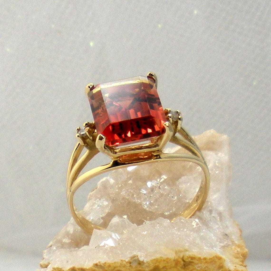 Red Oregon Sunstone Ring, Emerald Cut Oregon Sunstone, 14kt Gold ...