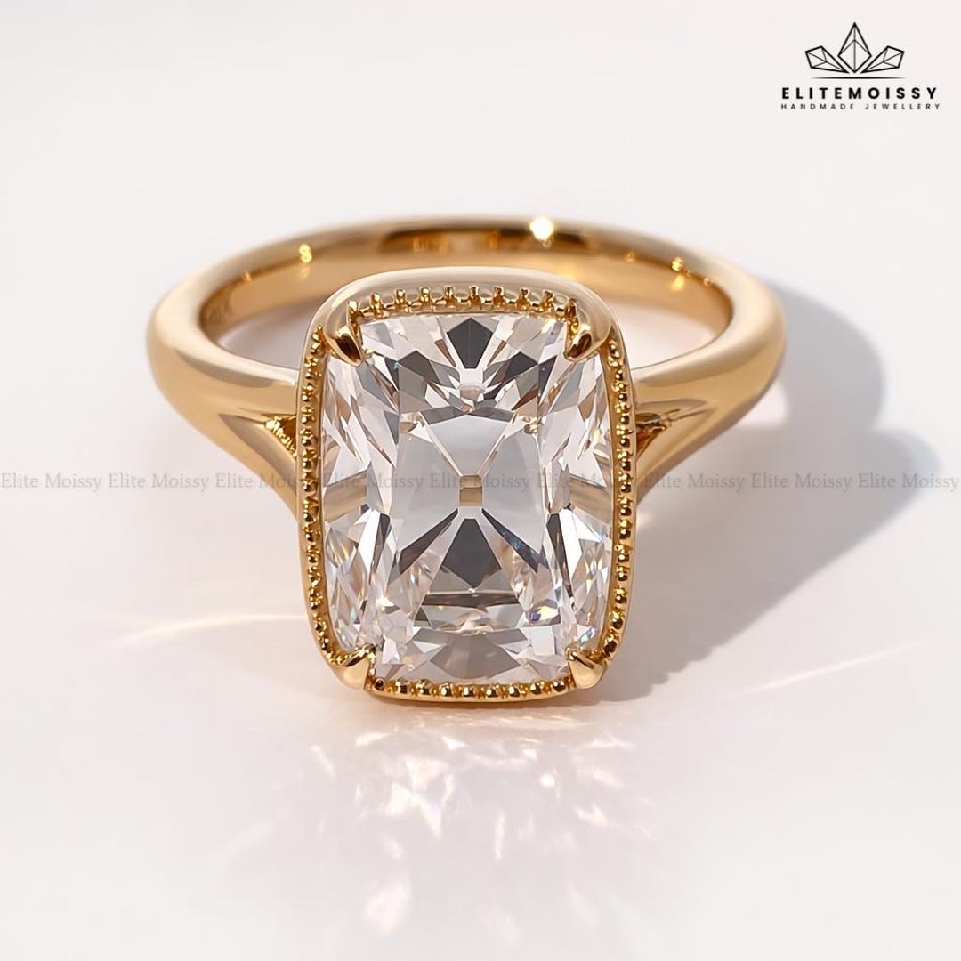 Old Mine 5CT Elongated Cushion Cut Moissanite Engagement Ring 14K Gold ...