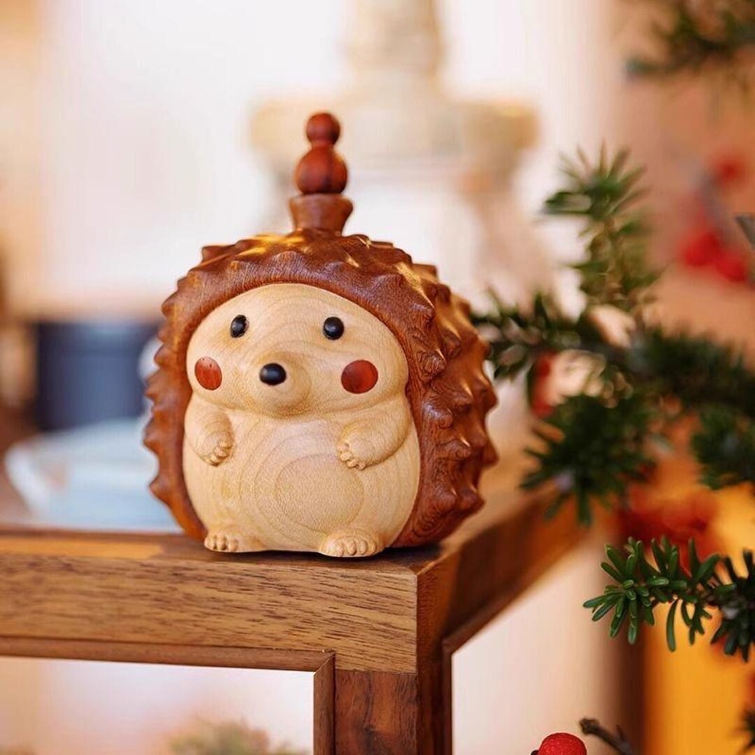 Cute Wooden Hedgehog Figurine, Hand Carved Animal Decor, Cozy Nordic ...