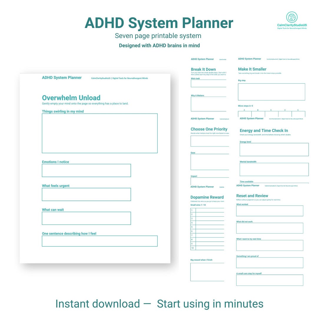 ADHD Productivity System. Printable Pages for Executive Function ...