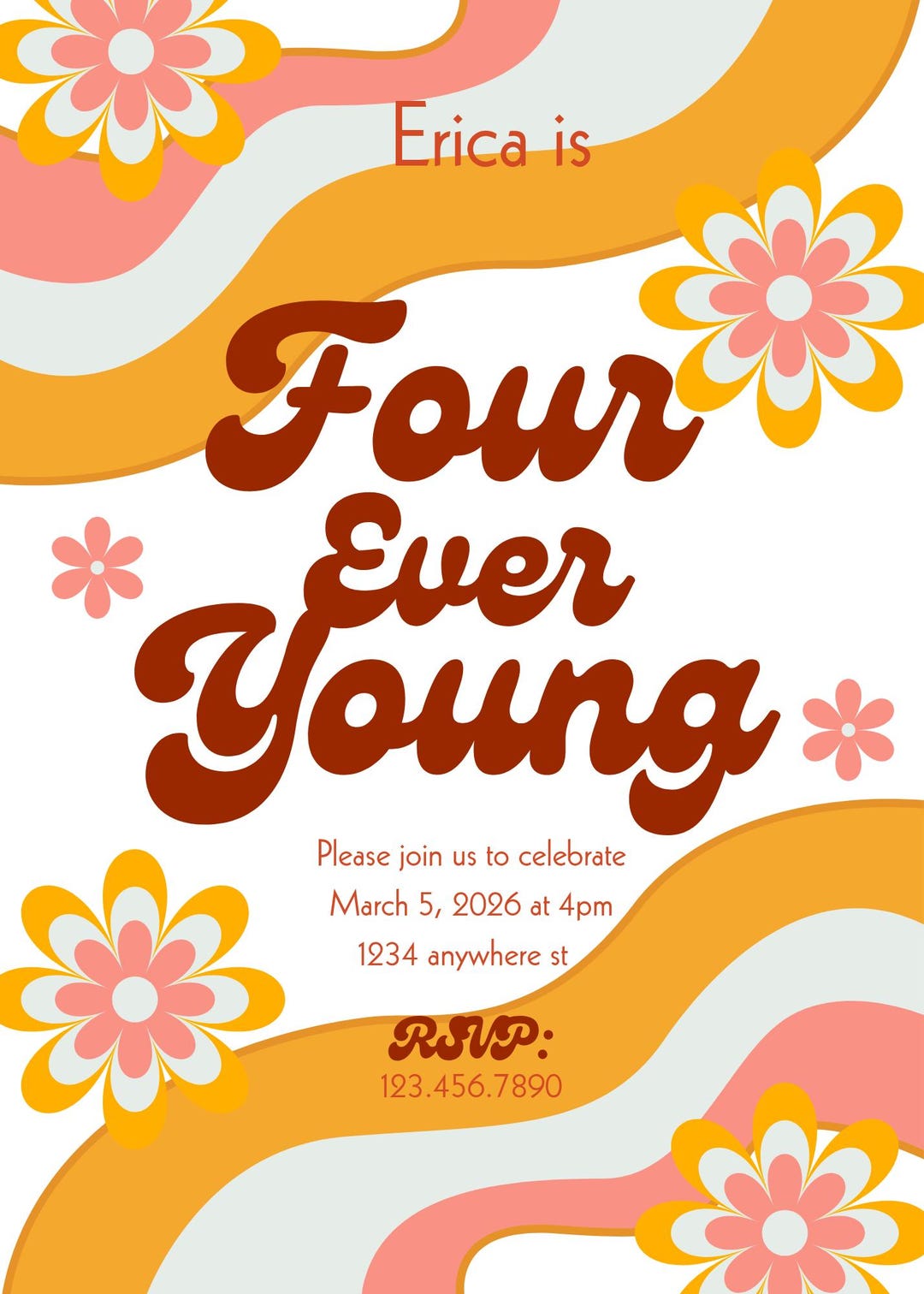 Four Ever Young Groovy Girl Birthday Party Invitation - Etsy